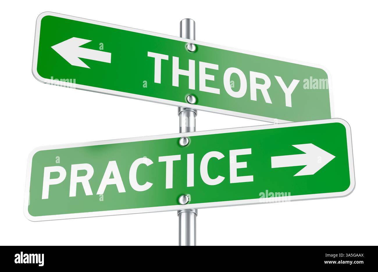 Theory or Practice, concept. Opposite traffic sign, 3D rendering ...