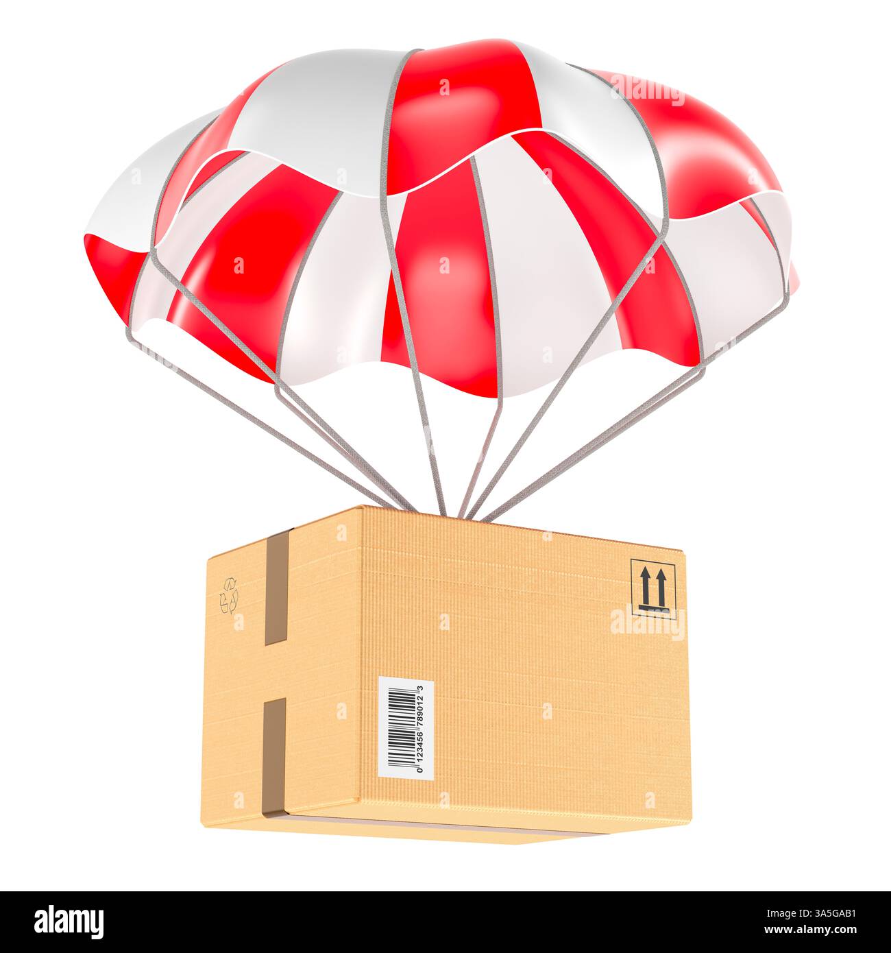 Parachute with cardboard box, parcel. 3D rendering isolated on white ...
