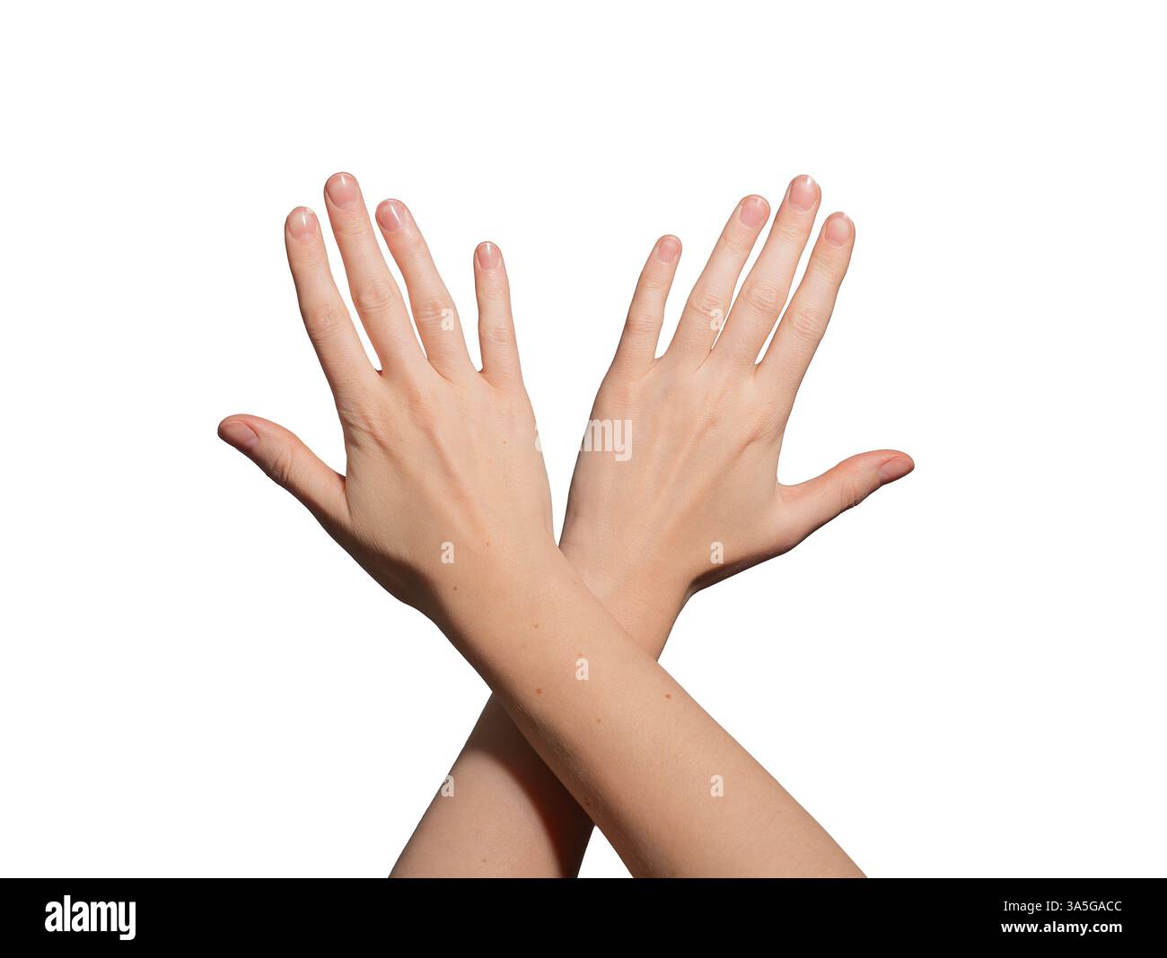Well-groomed female hands with glossy, polished nails crossing at the ...