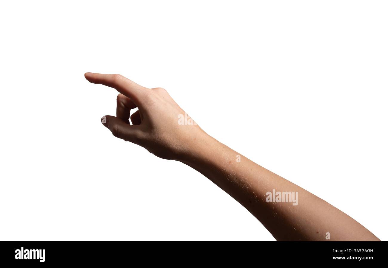hand with a slightly curved index finger making a pressing or selecting gesture. Natural wrist ...