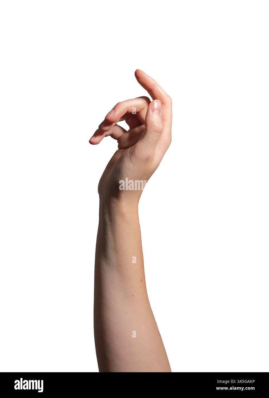 Female hand with slightly curved index finger making a pressing or selecting gesture. Natural ...