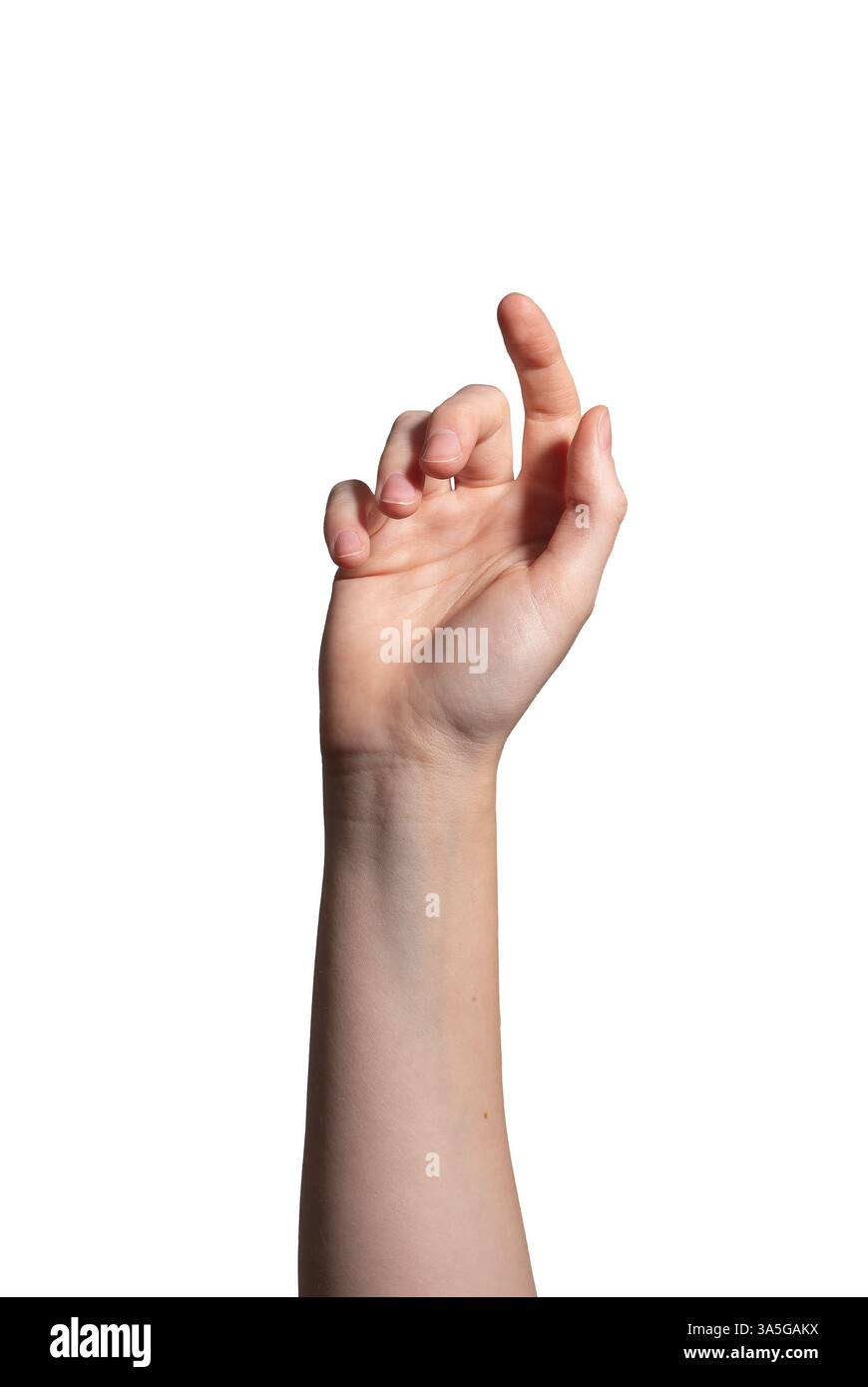 Female hand with slightly curved fingers, index finger extended in a delicate tapping or ...