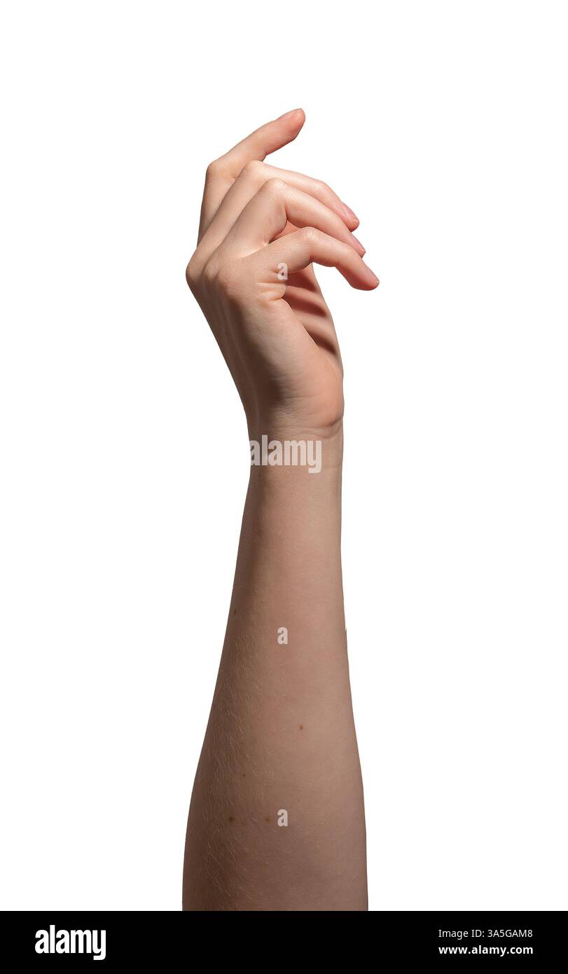 Female hand with an outstretched index finger pressing an invisible button. Gesture symbolizing ...