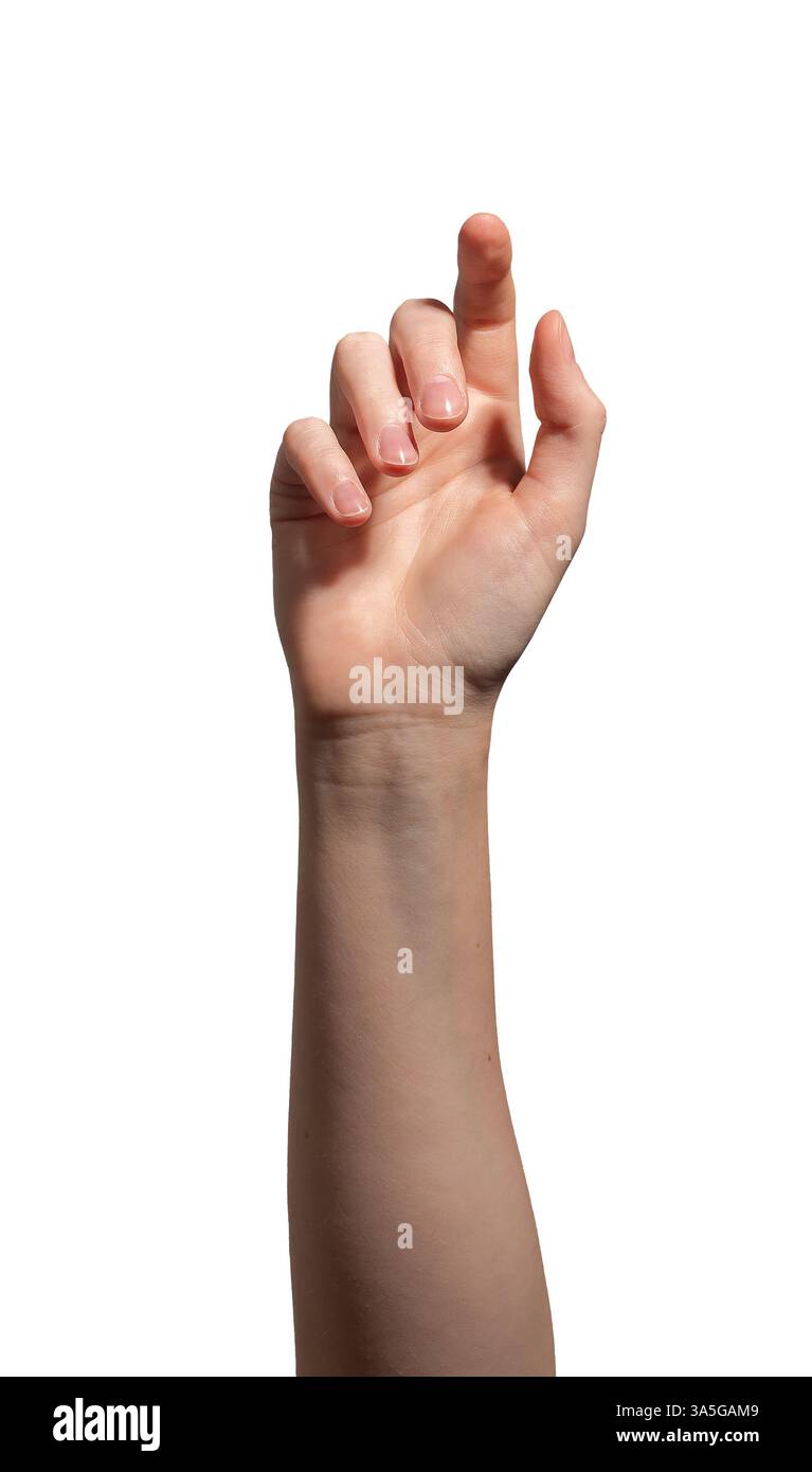 Female hand with an outstretched index finger making a tapping or selecting gesture. Slightly ...