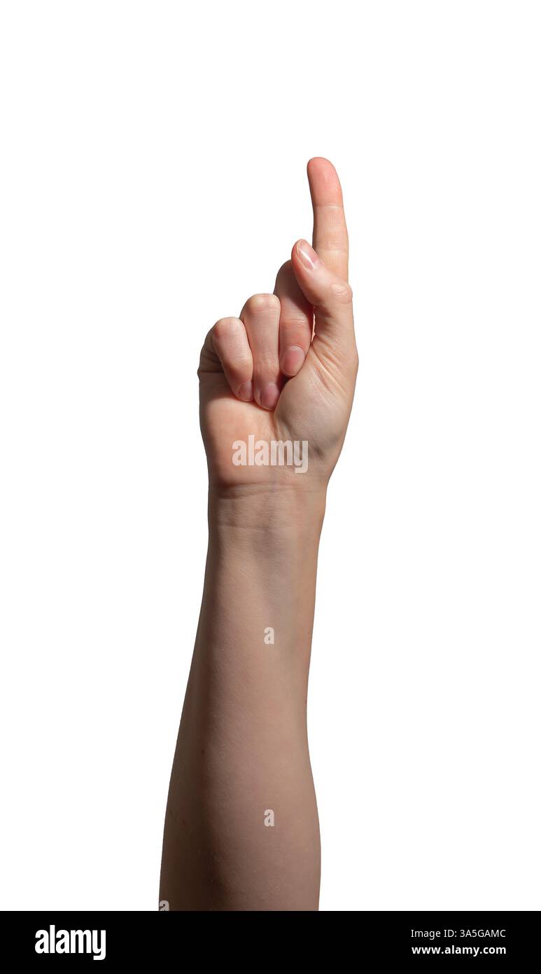 Female hand with an extended index finger pointing upward, symbolizing indication, selection, or ...