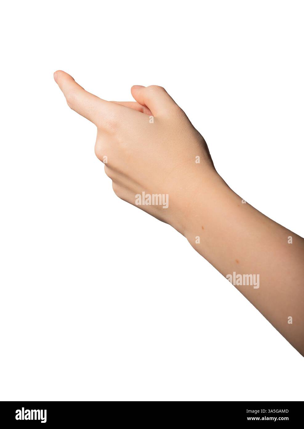 Female hand with an extended index finger making a precise pointing or selecting gesture ...