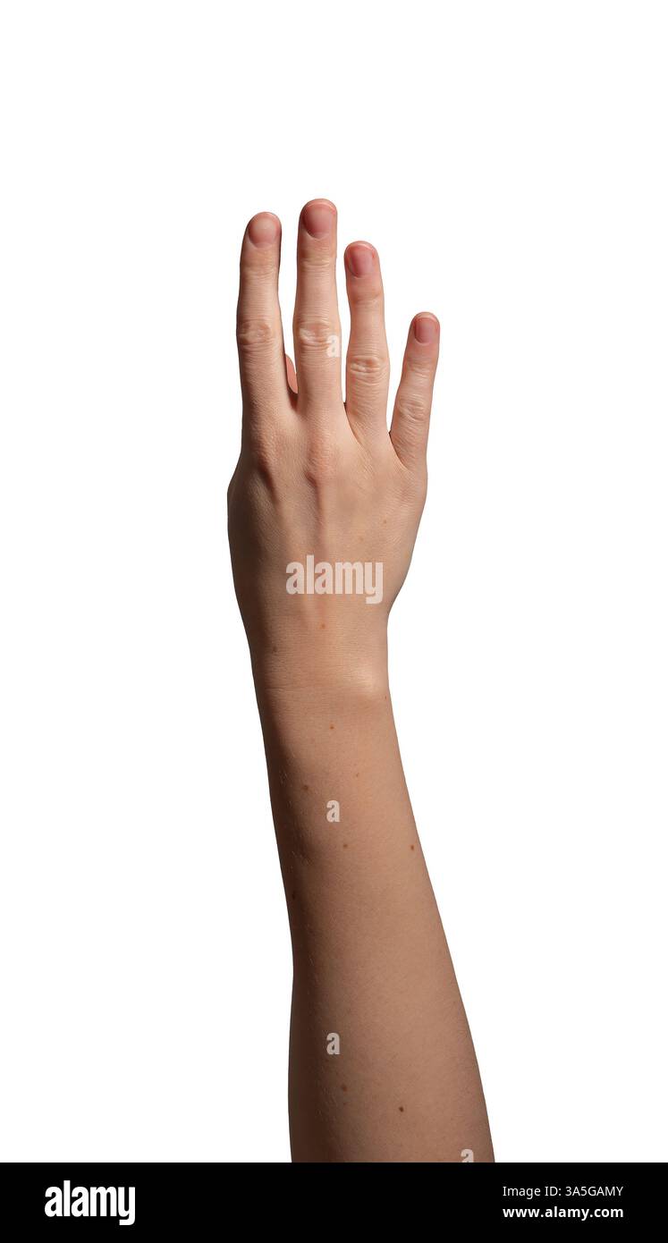 Female hand showing four fingers with the thumb folded down ...