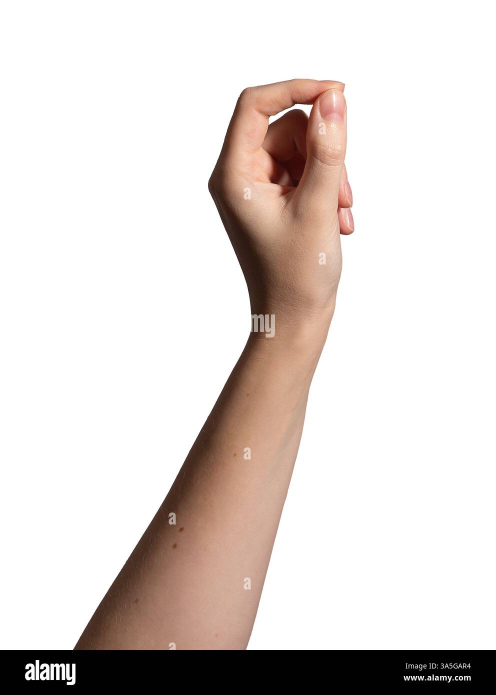 Female hand pinching small invisible object, delicate grip gesture with ...