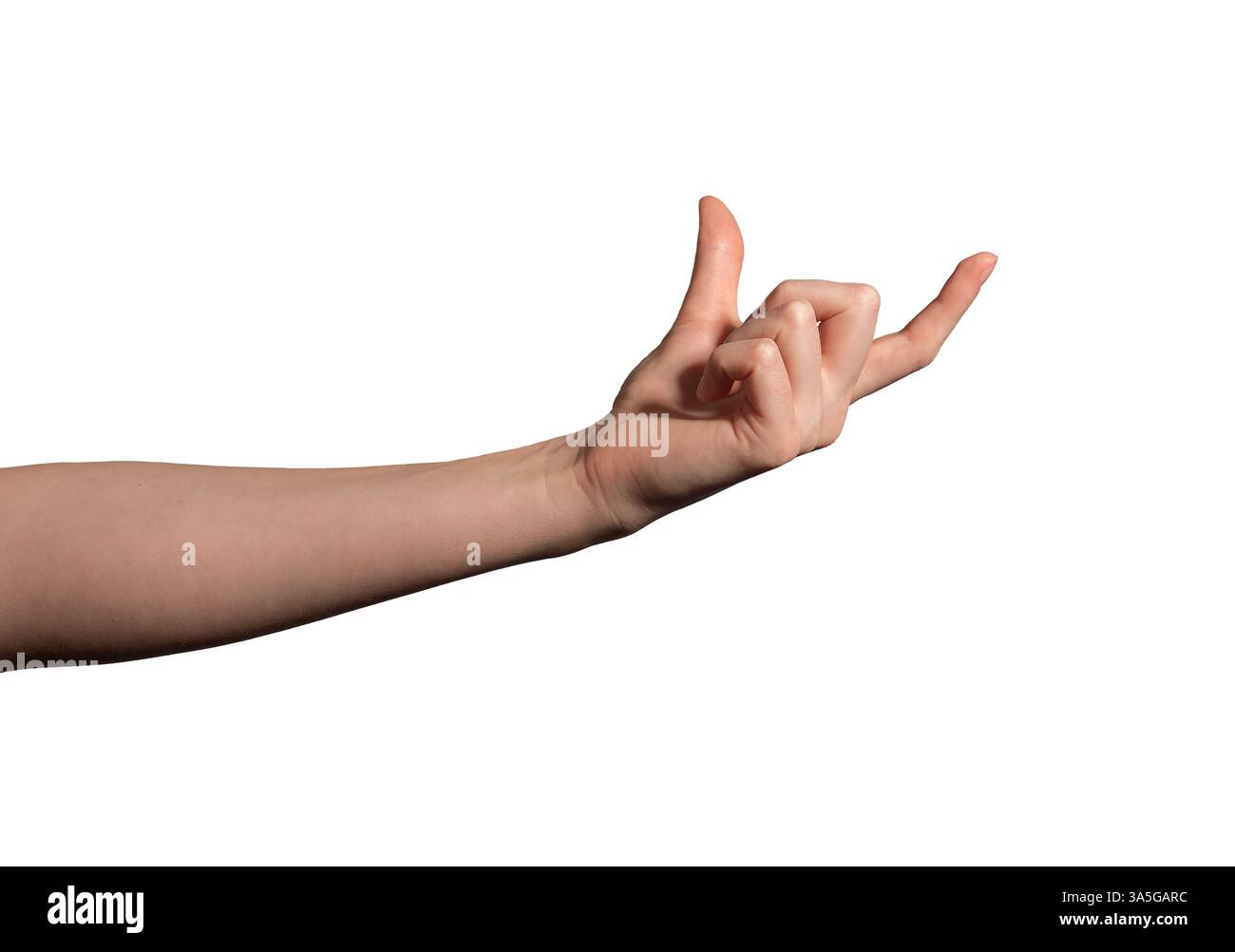 Female hand holding an invisible large object between the thumb and index finger, grip, grasp ...