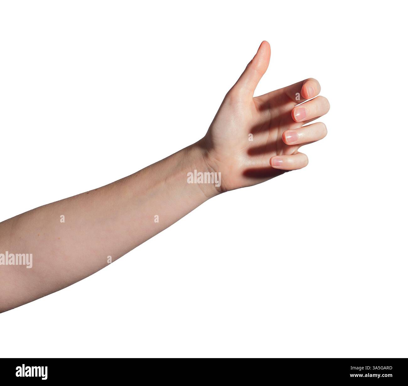 Female hand grasping invisible bottle, gesture symbolizing holding or ...