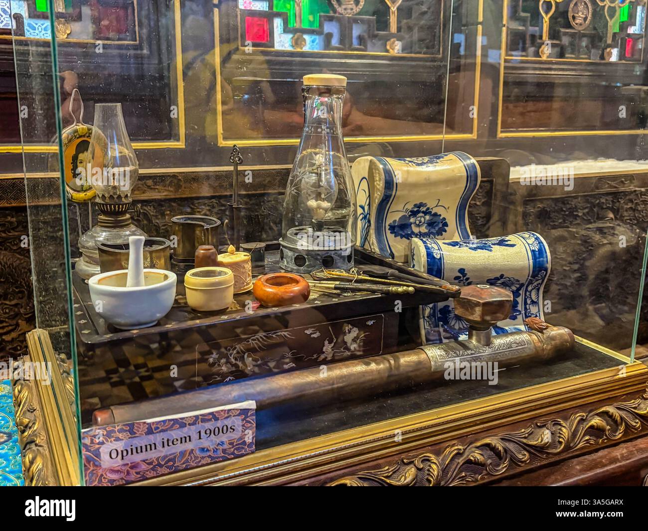 This captivating photograph captures a display of antiquities inside ...