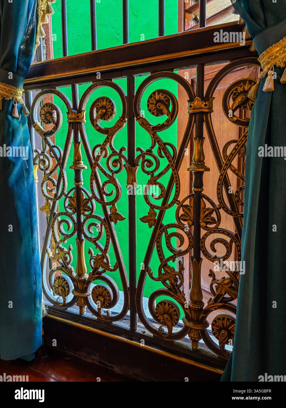 A close up of a decorative ornamental railing, design and light show ...