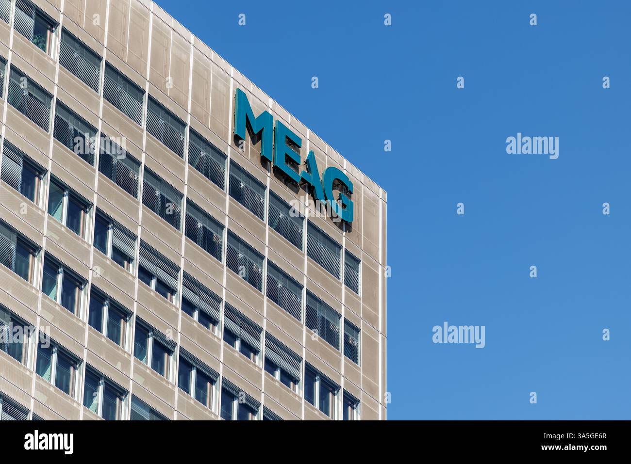Munich, Germany. 20th Mar, 2025. The logo and lettering of MEAG Munich ...
