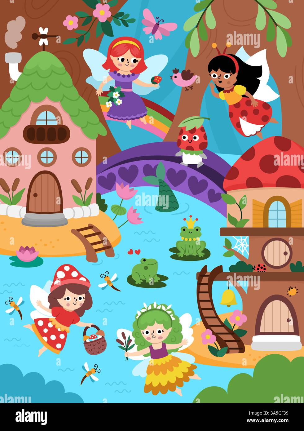 Vector vertical fairyland background with swamp fairy, mermaid houses ...