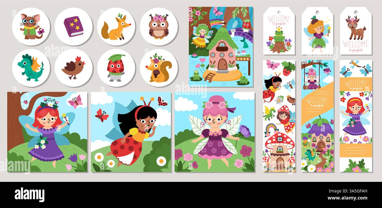 Cute fairy cards set with elf, dwarf, houses, unicorn, dragon ...