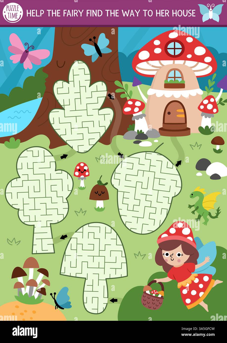 Fun maze for kids with fairy, geometrical labyrinths shaped as mushroom ...