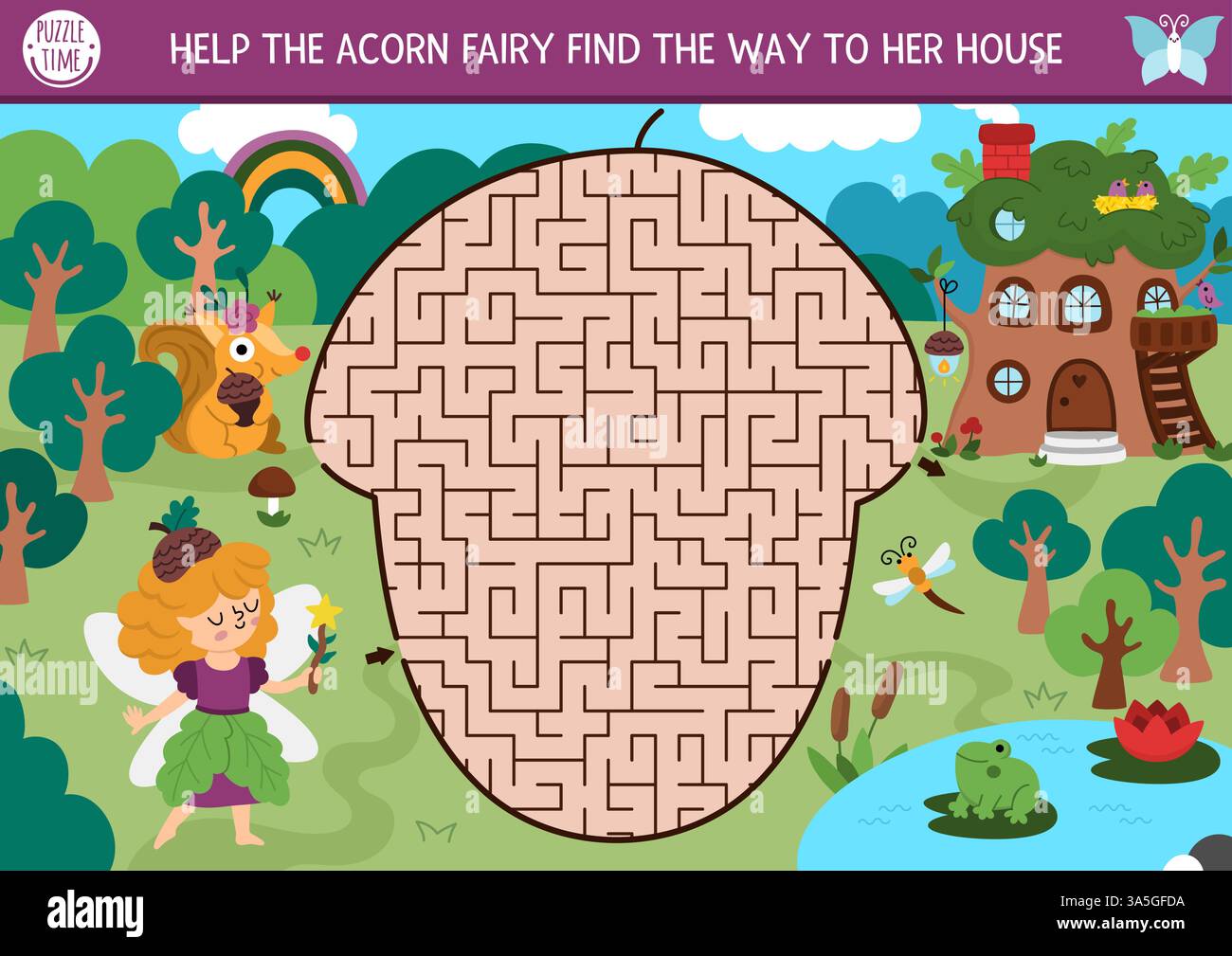 Fun maze for kids with fairy, geometrical labyrinth shaped as acorn ...