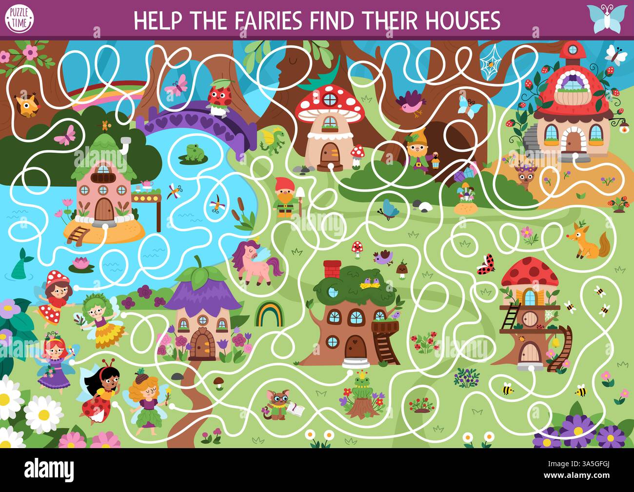 Fun maze for kids with woodland fairies, houses, magic forest landscape ...