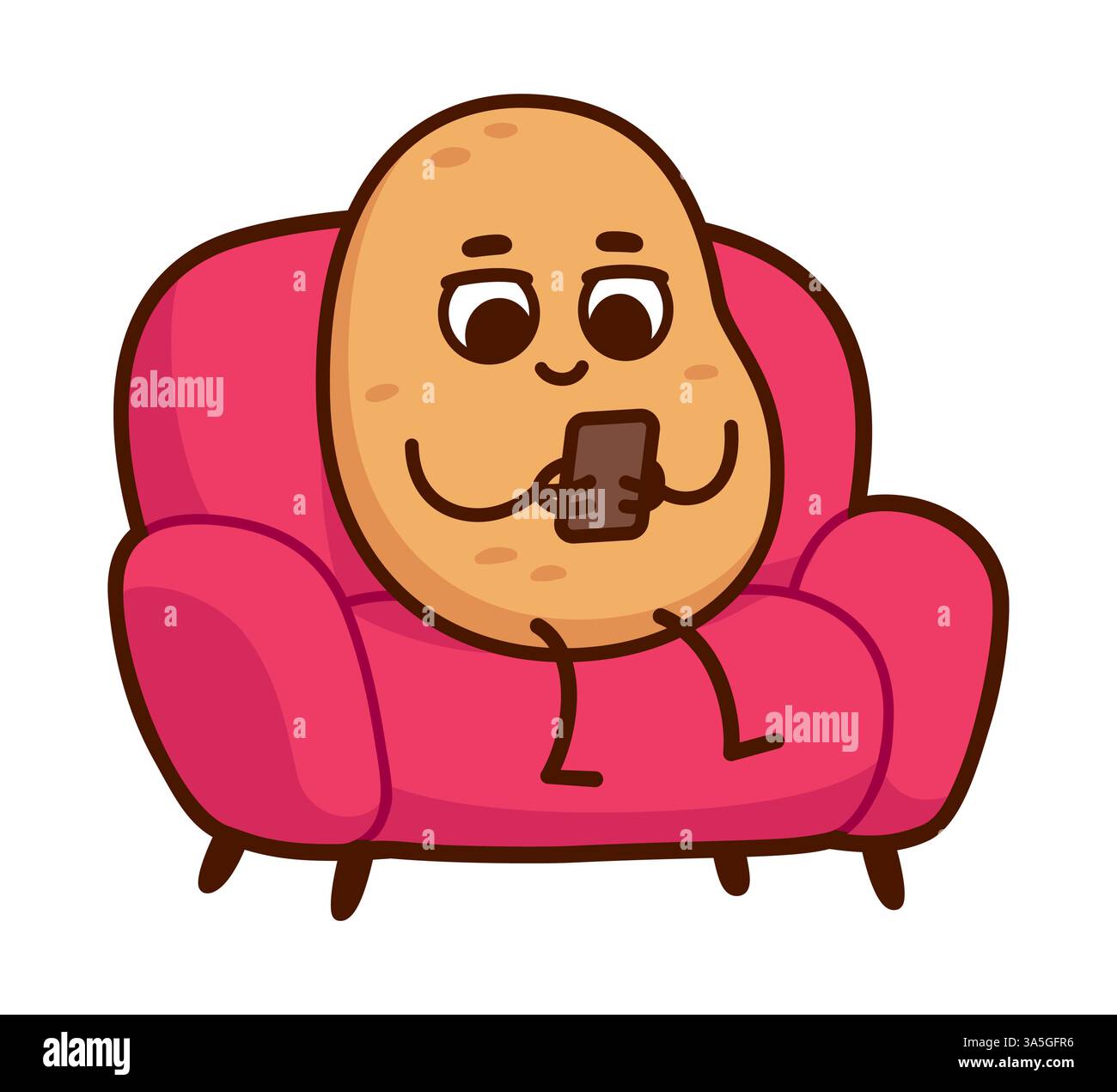 Couch potato character sitting on sofa with a phone texting, surfing ...