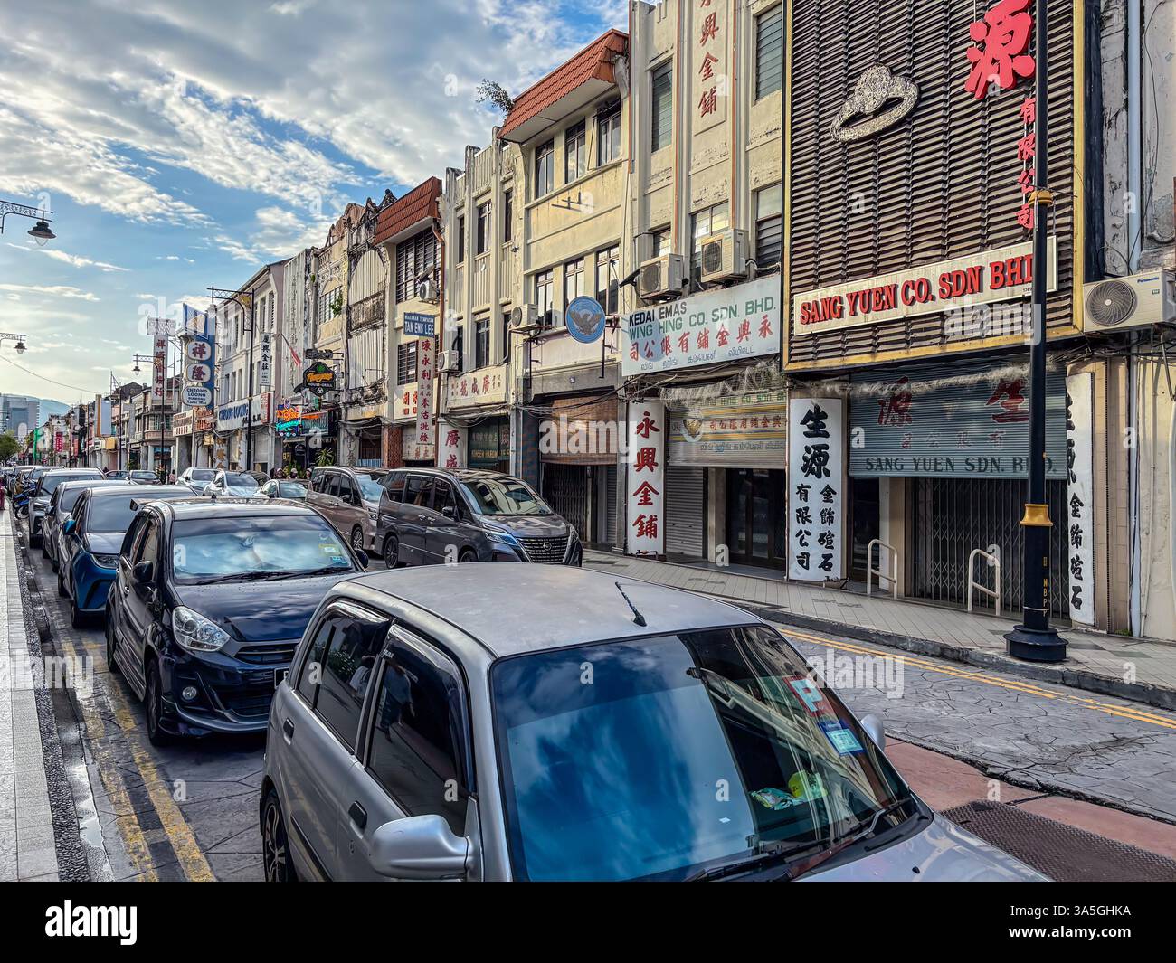 Lebuh Kimberley streetscape in George Town, Penang, Malaysia. Showing ...