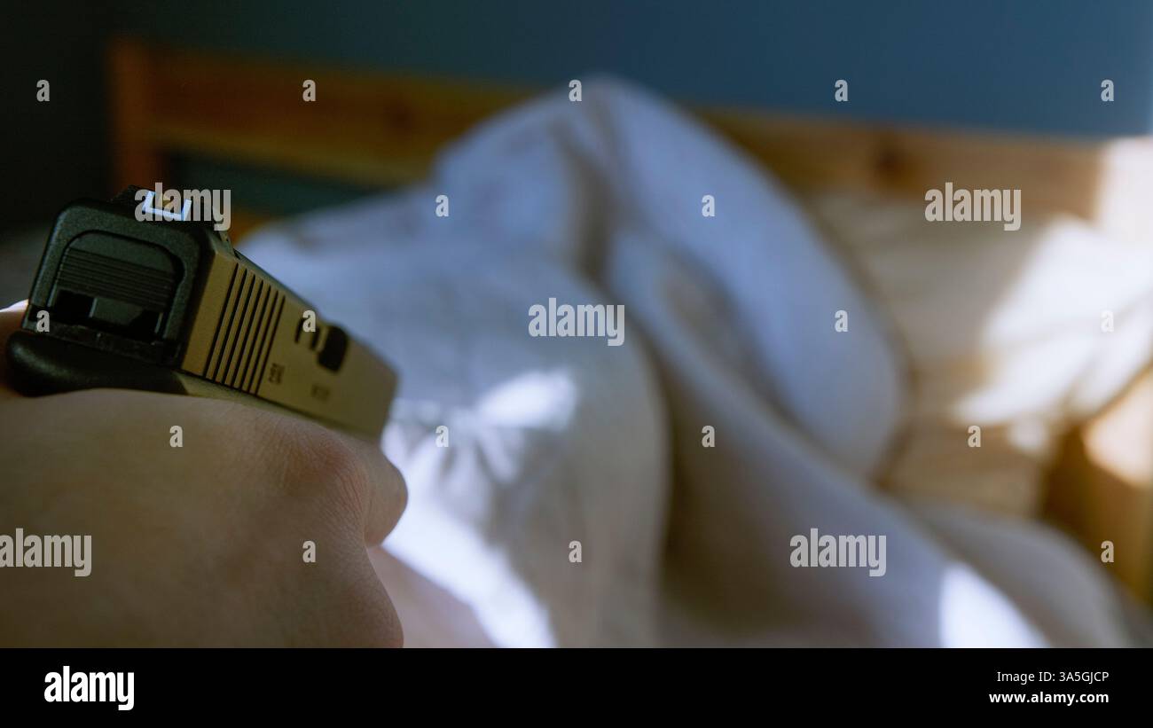 Hitman Targeting Sleeping Victim – Crime & Assassination Scene Stock ...