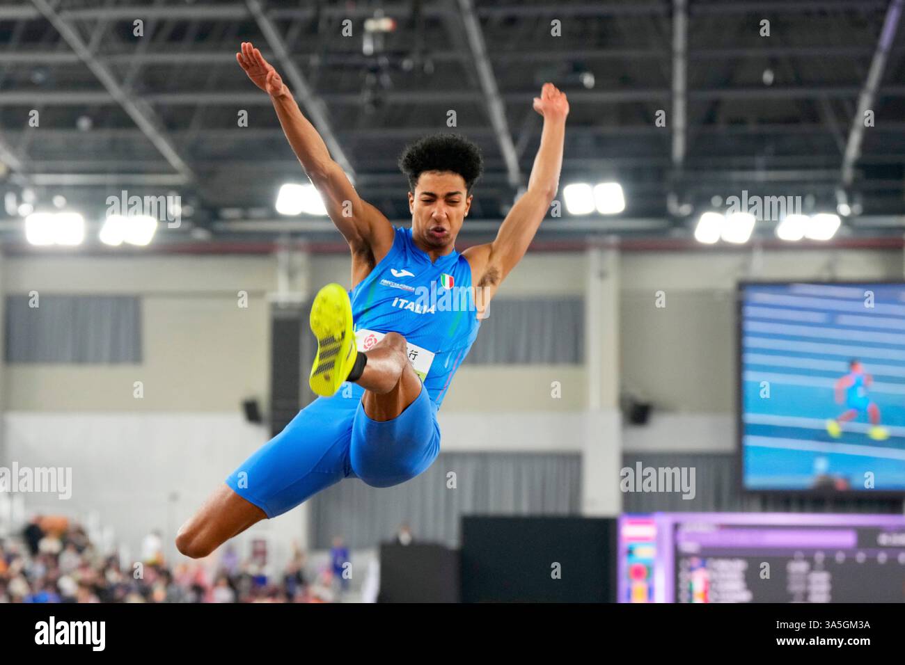 Mattia Furlani, of Italy, makes an attempt in the men's long jump final ...