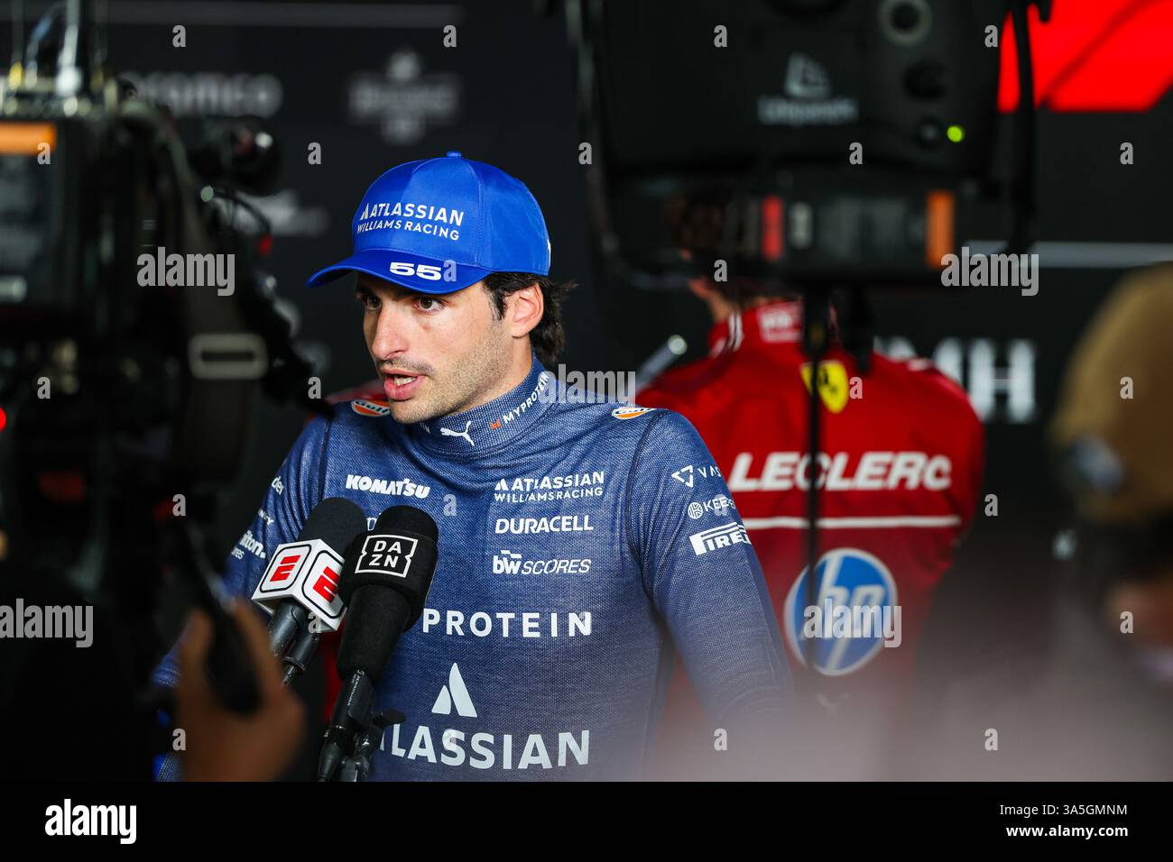 CARLOS SAINZ (SPA) of Williams Racing #55 answering questions with CHARLES LECLERC (MON) of ...