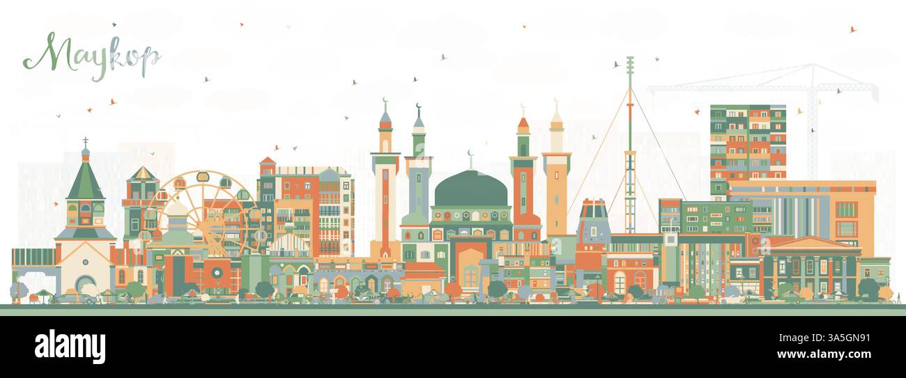 Maykop Russia city skyline with color buildings. Vector illustration ...