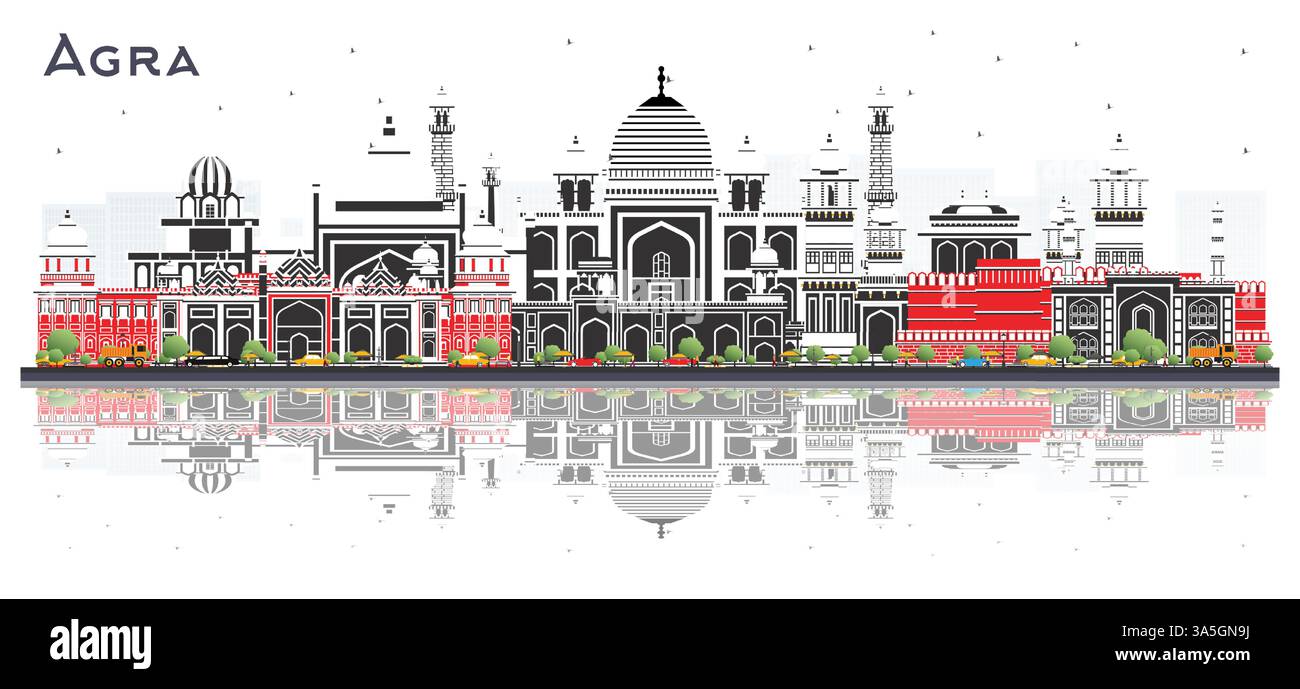 Agra India City Skyline with Color Buildings and reflections Isolated ...