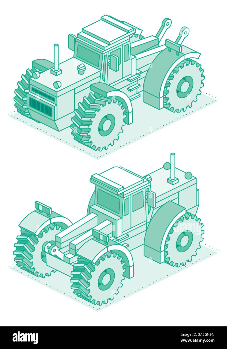 Isometric modern agricultural tractor, front and rear views. Vector ...