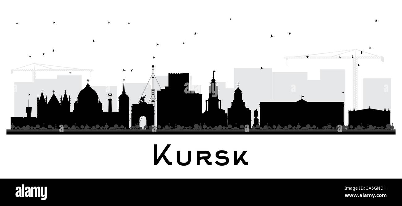 Kursk Russia city skyline silhouette with black buildings isolated on ...