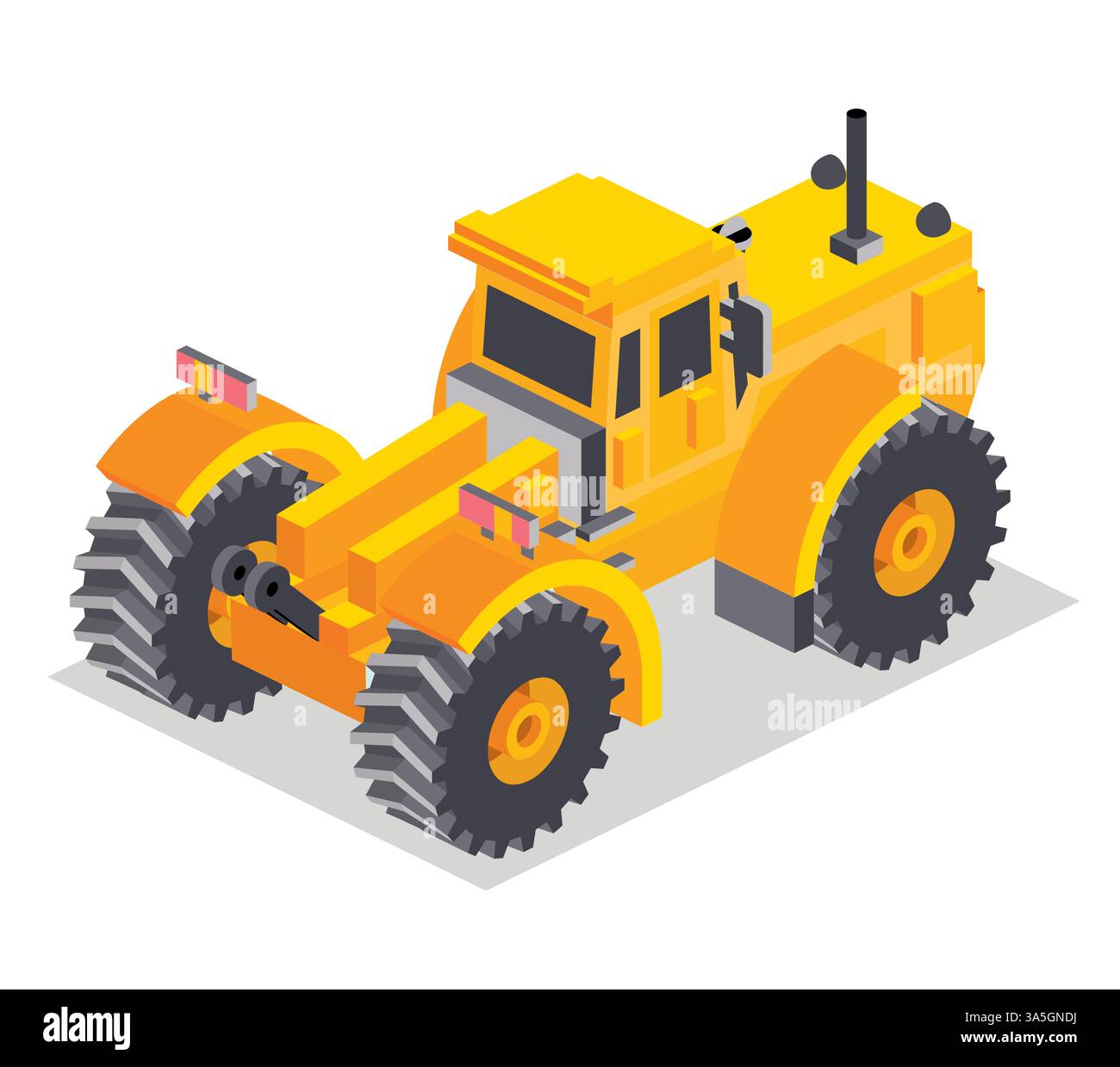 Isometric yellow tractor isolated on white background. Rear view ...