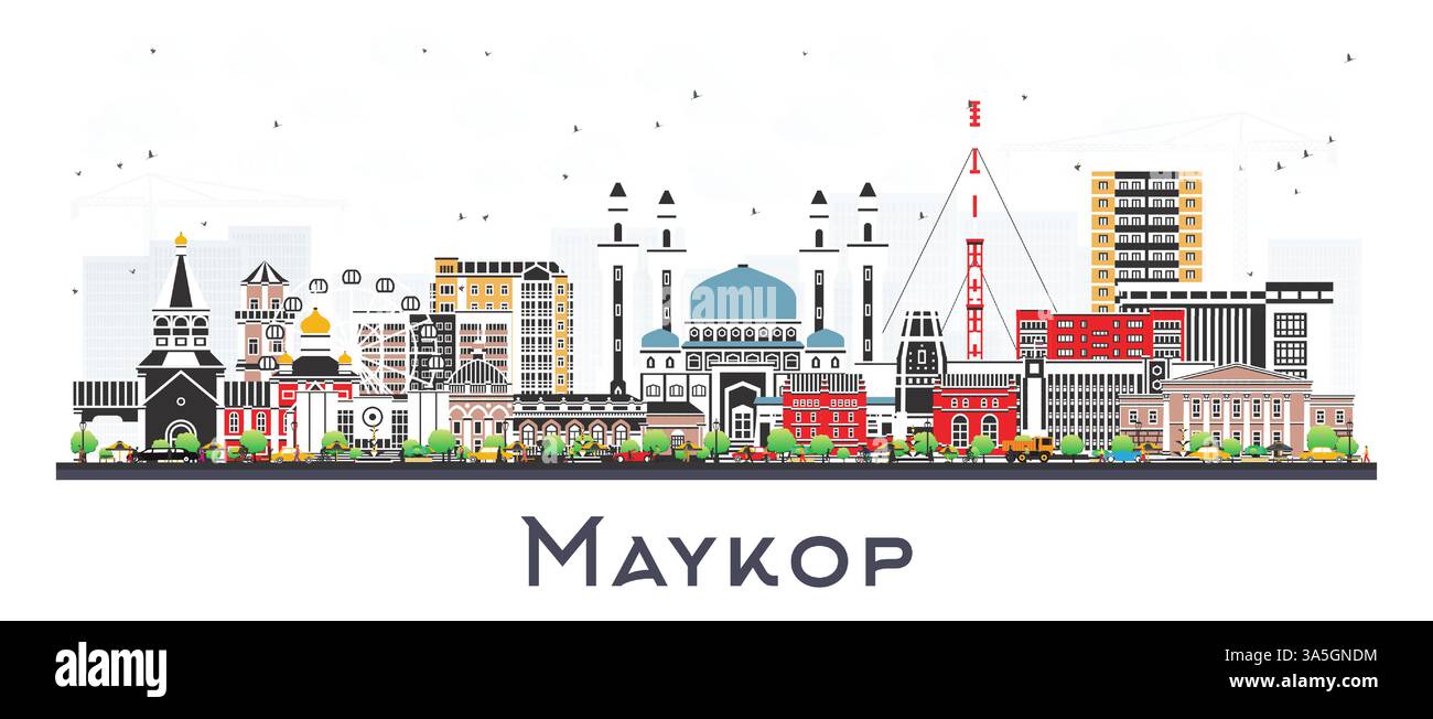 Maykop Russia city skyline with color buildings isolated on white ...