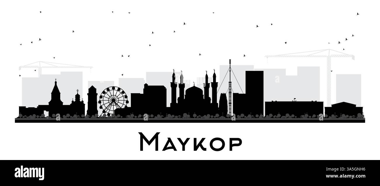 Maykop Russia city skyline silhouette with black buildings isolated on ...