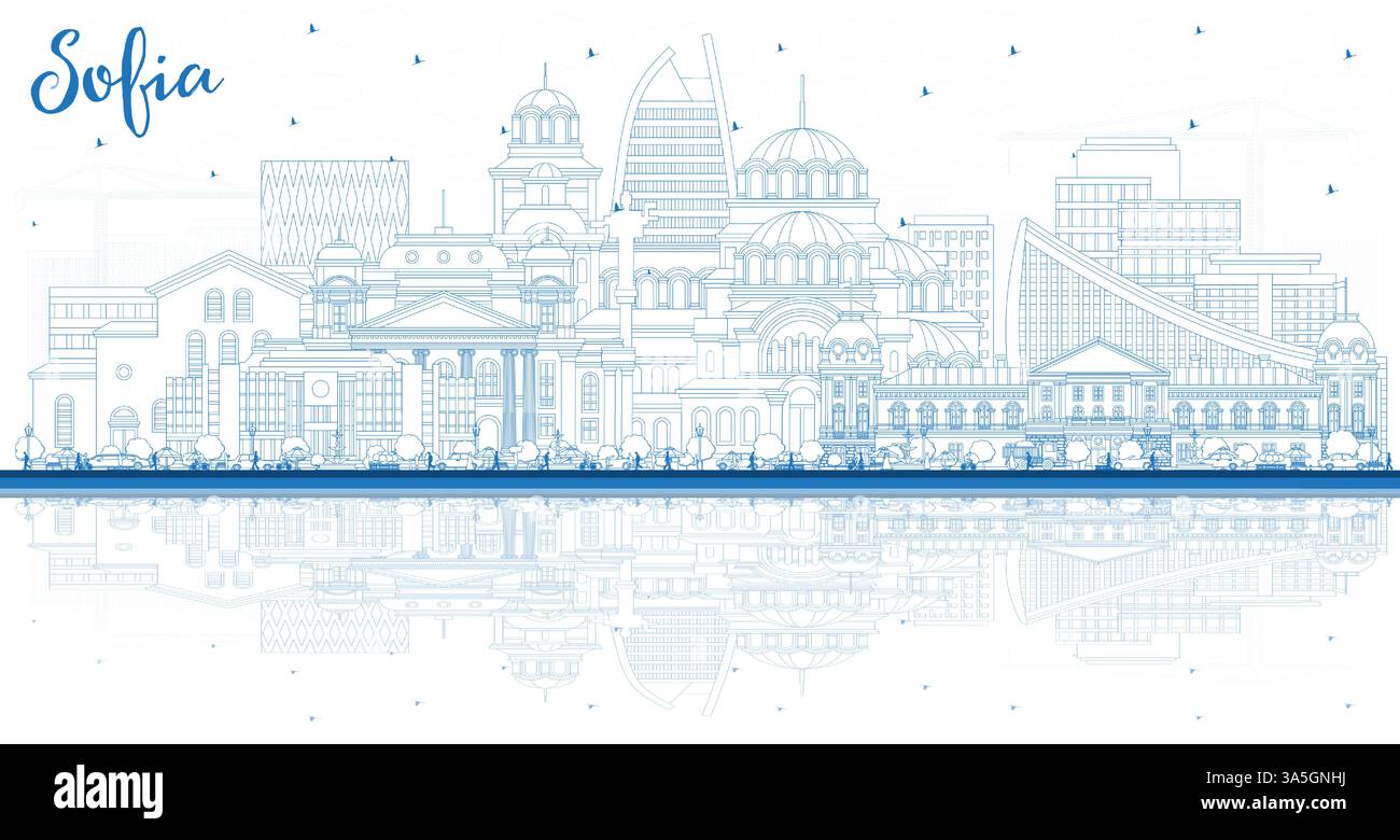 Outline Sofia Bulgaria City Skyline with Blue Buildings and reflections. Vector Illustration ...