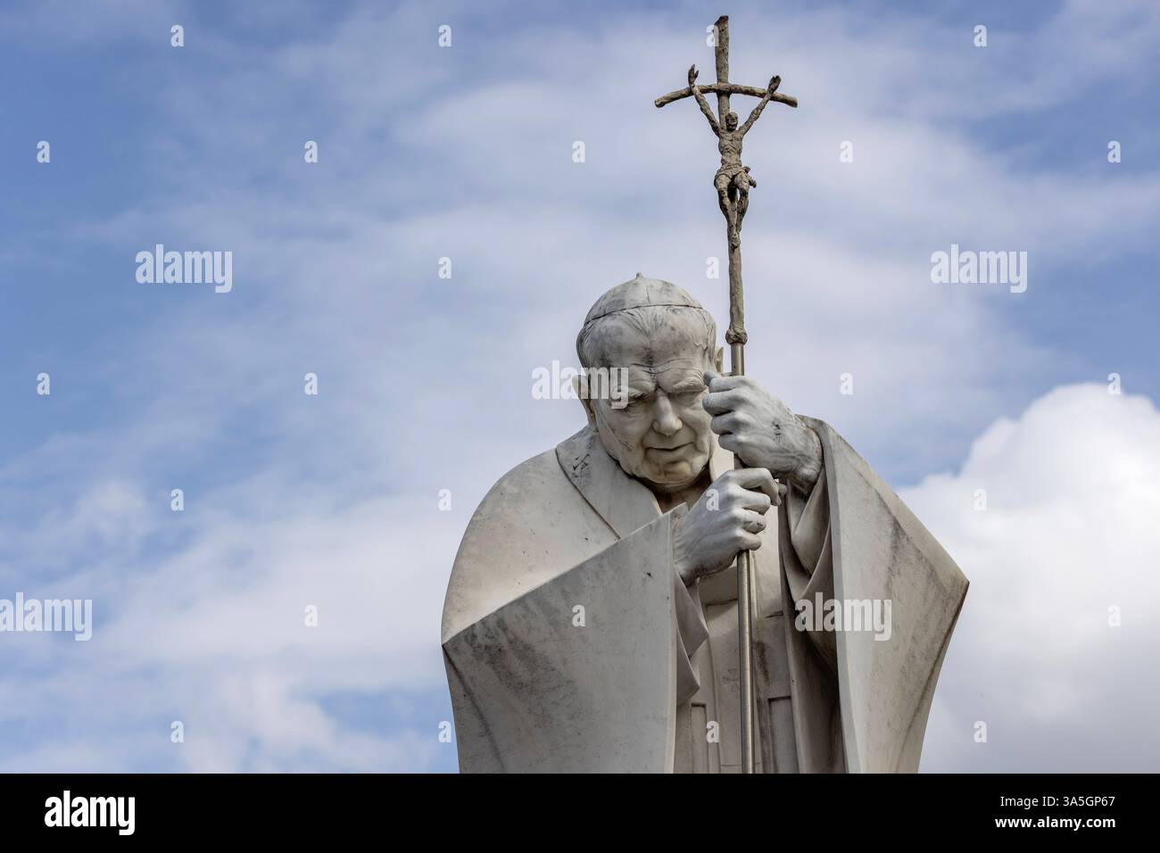 Pope Francis apperance for the Angelus at Gemilli hospital. The statue ...
