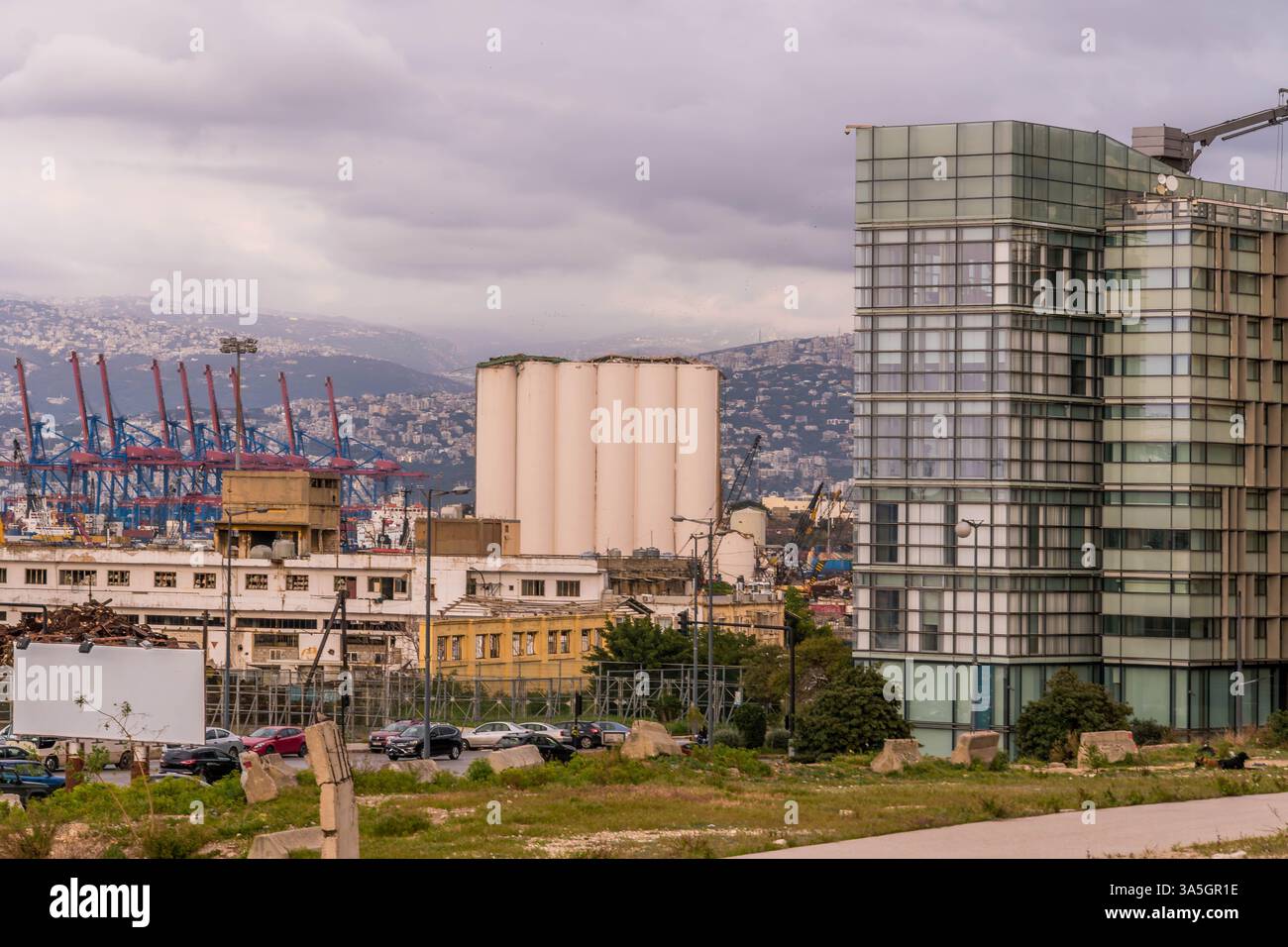 Panoramic view of Beirut port, Lebanon, featuring industrial cranes ...
