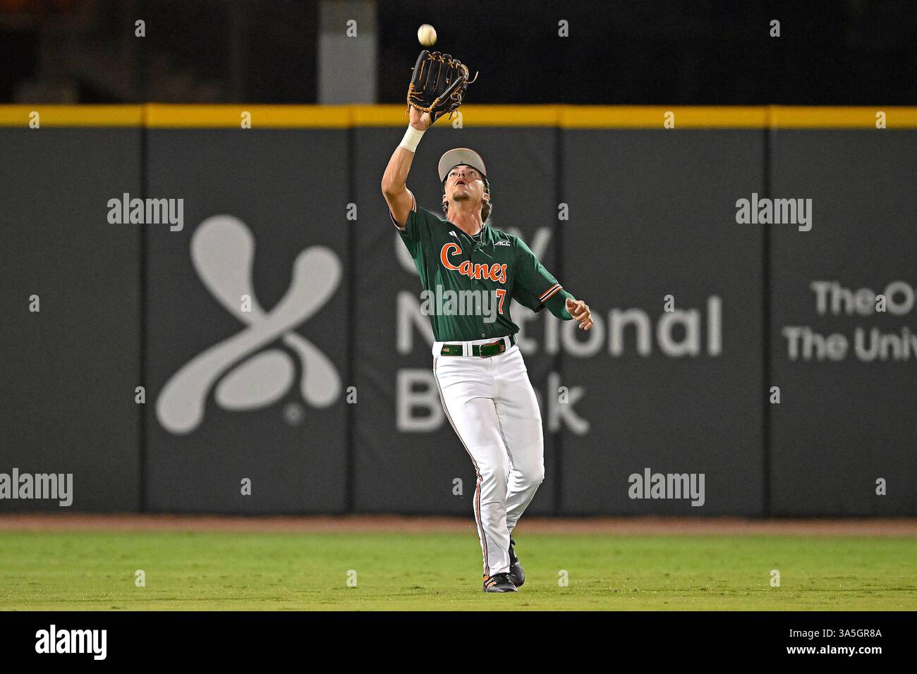 CORAL GABLES, FL - MARCH 22: Miami outfielder Max Galvin (7) catches a ...