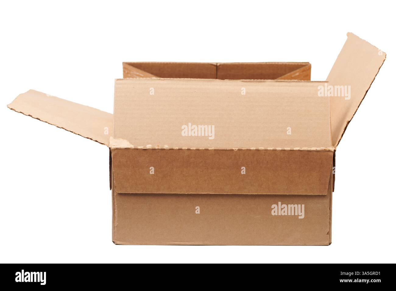 Paper open crate box side view isolated on white studio background ...