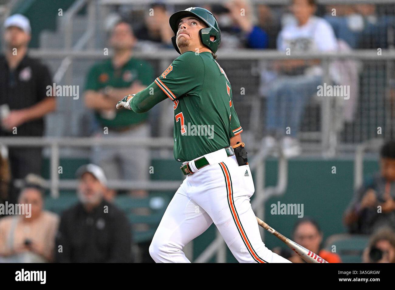 CORAL GABLES, FL - MARCH 22: Miami outfielder Max Galvin (7) bats in ...
