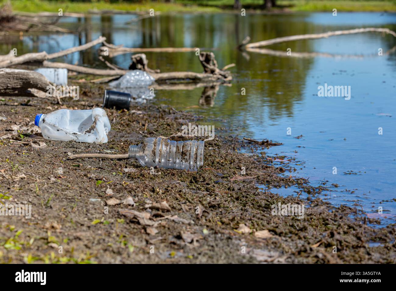 Plastic bottle and trash along shoreline. Waterway pollution, recycling ...