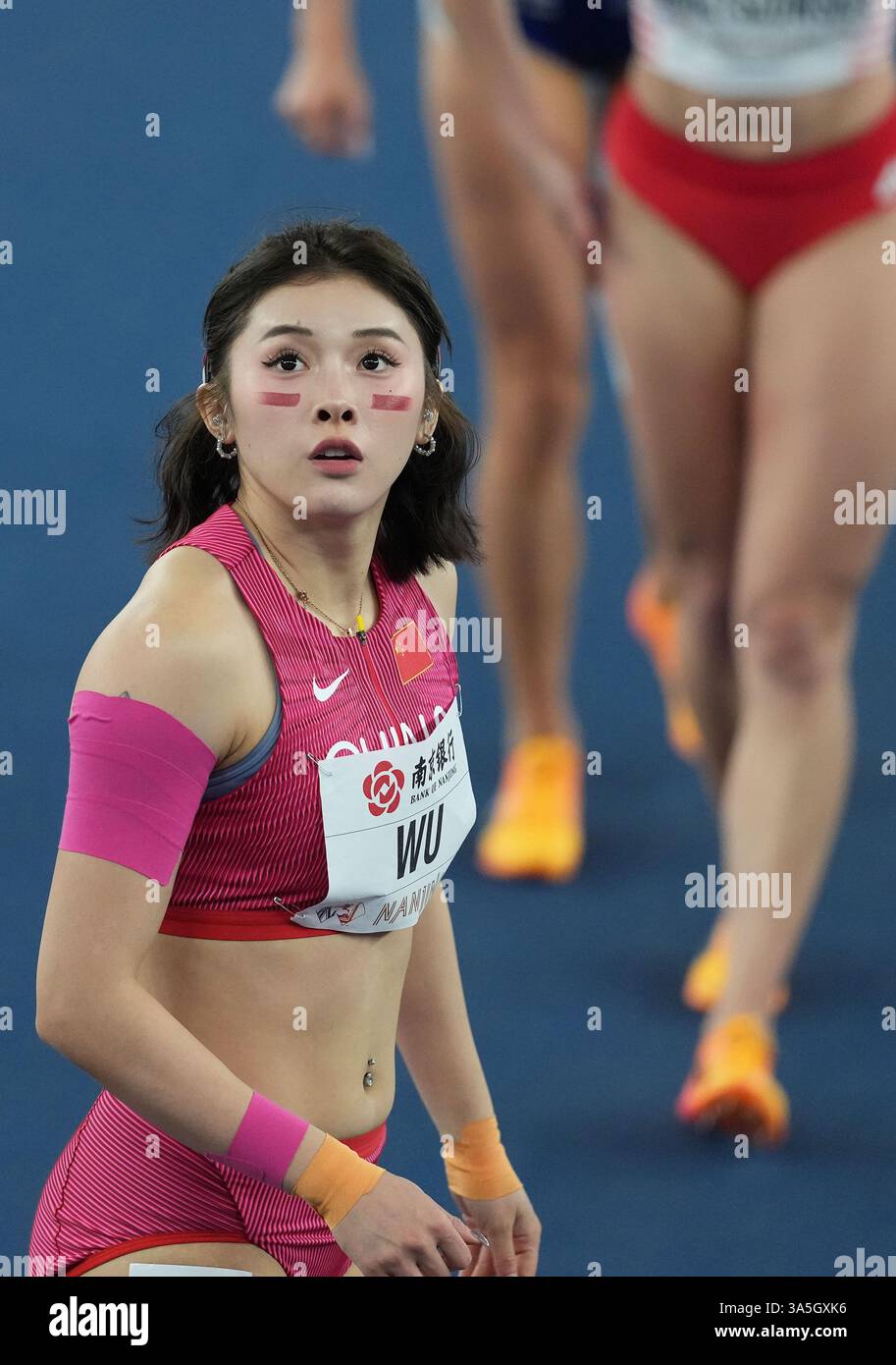 Nanjing, China's Jiangsu Province. 23rd Mar, 2025. Wu Yanni of China reacts during the women's ...