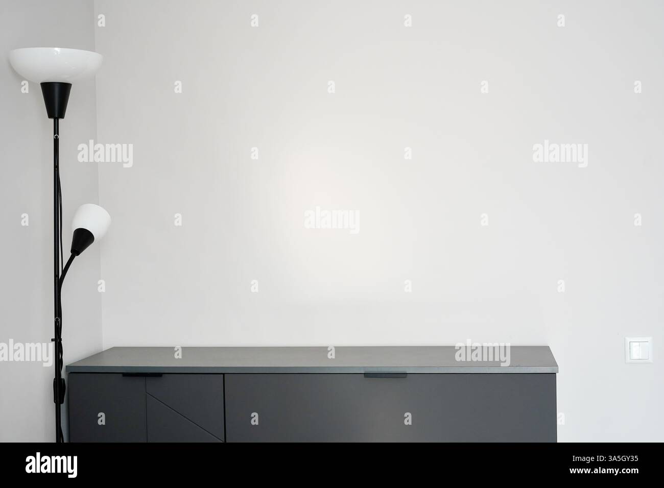a minimalistic interior corner featuring a modern floor lamp and a ...