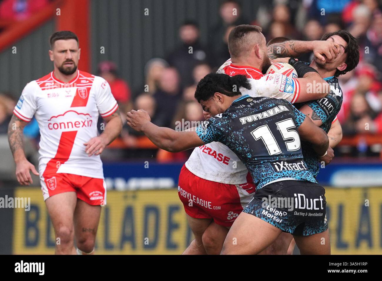 Hull KR's Jared Waerea-Hargreaves tackles Leigh Leopards' Owen Trout during the Betfred Super ...