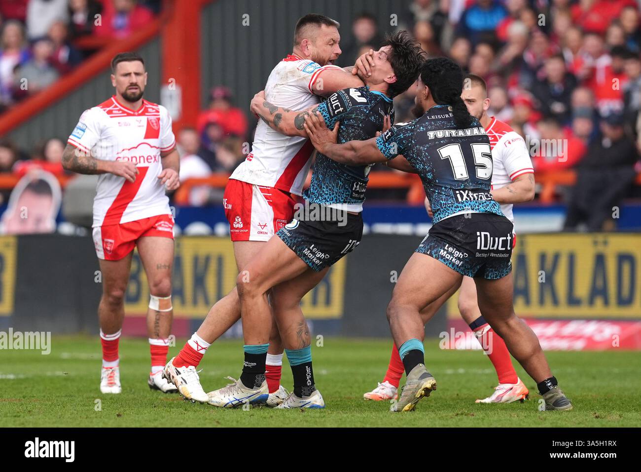 Hull KR's Jared Waerea-Hargreaves tackles Leigh Leopards' Owen Trout during the Betfred Super ...