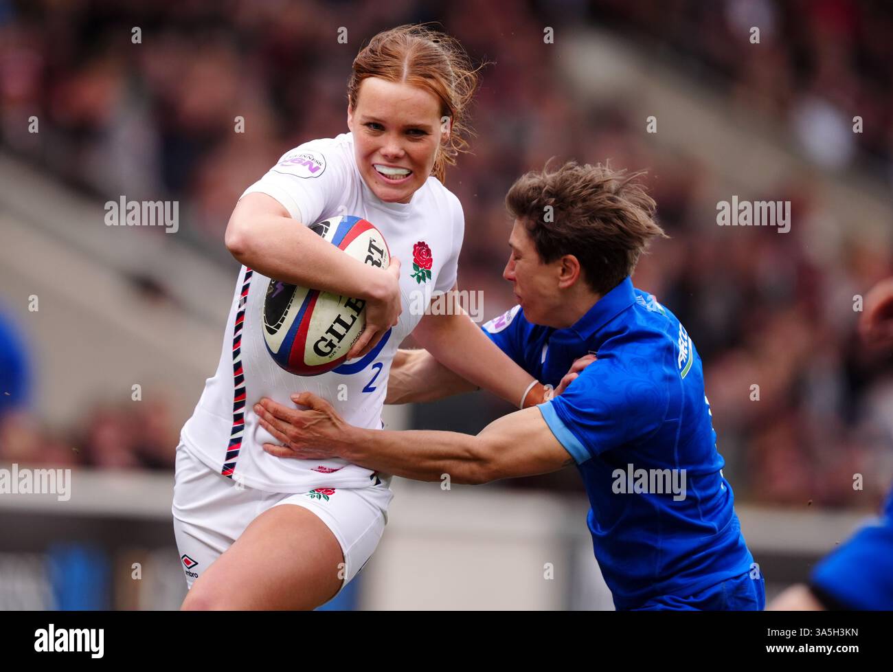 England's Mia Venner and Italy's Alyssa D'Inca in action during the ...