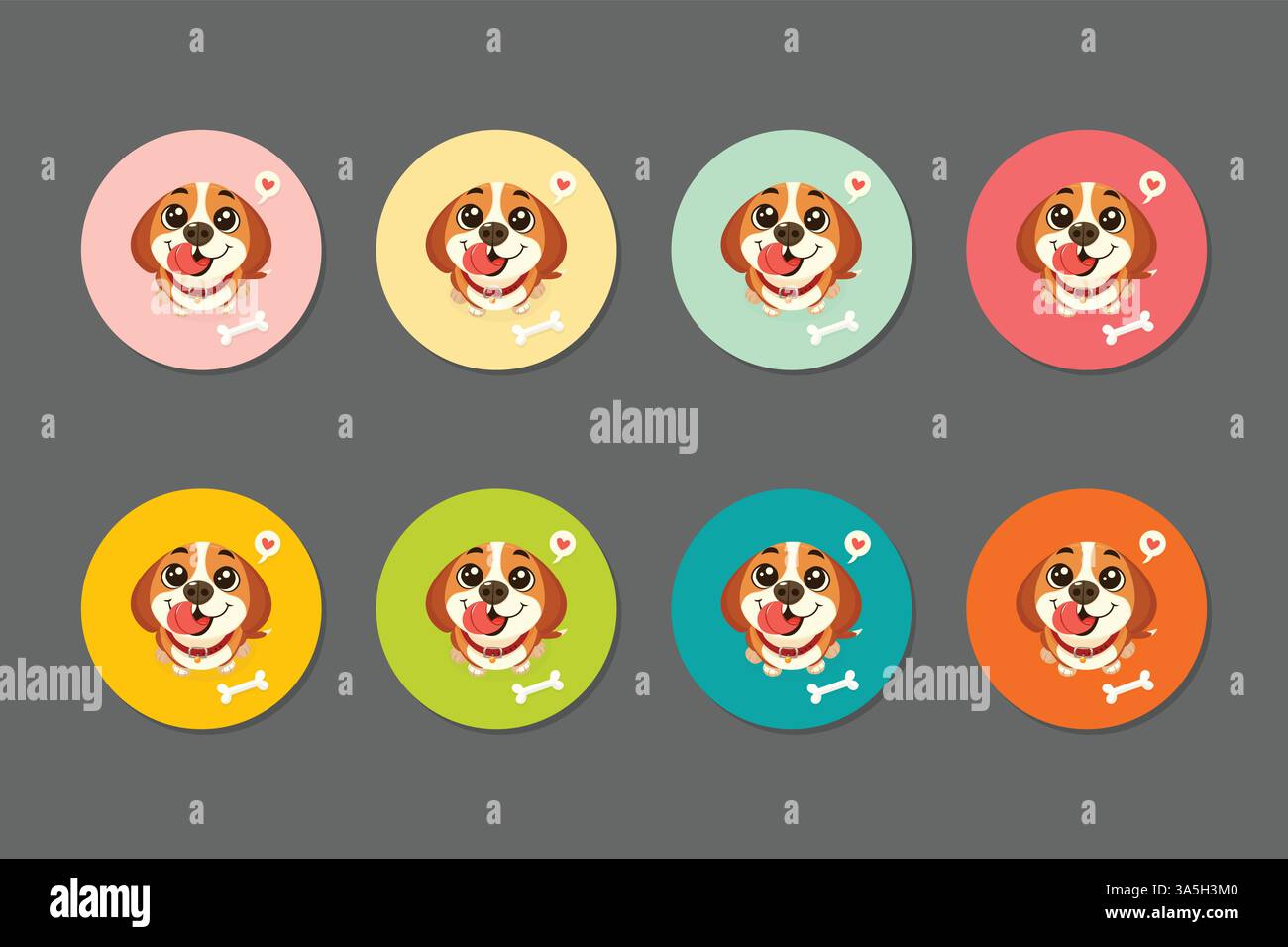 Round Sticker Set with Cute Puppy Flat Vector Illustration Stock Vector ...
