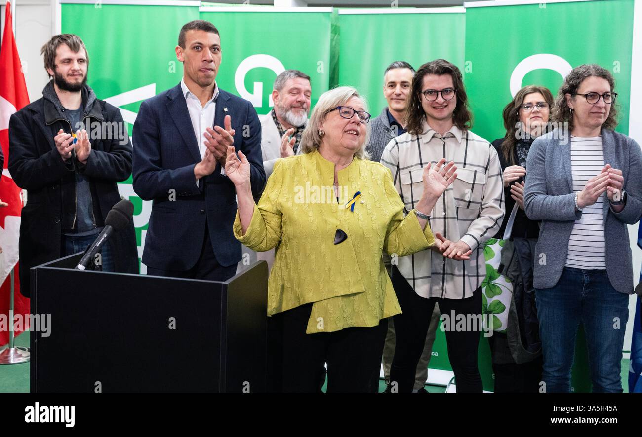 The Green Party of Canada co-leaders Elizabeth May, centre, and ...
