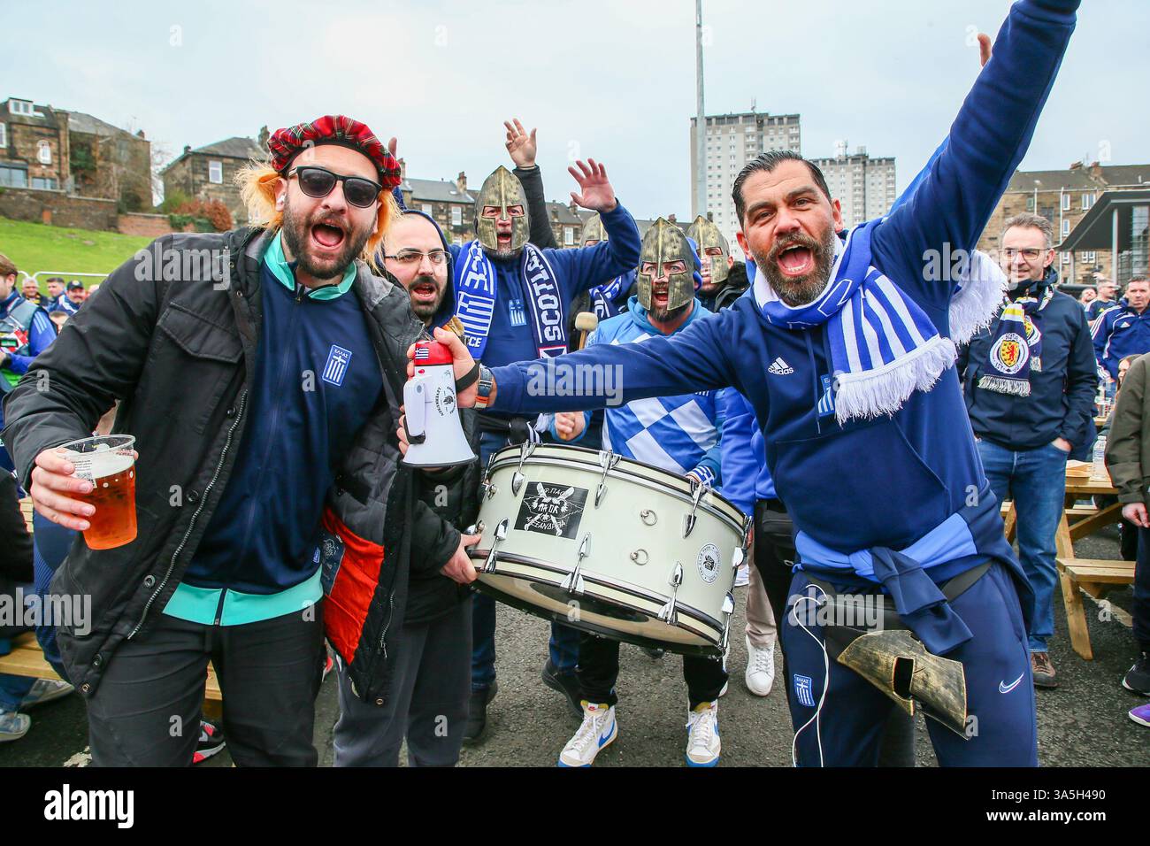 23 March 2025. Glasgow, UK. Scotland and Greece fans arrive at Hampden ...