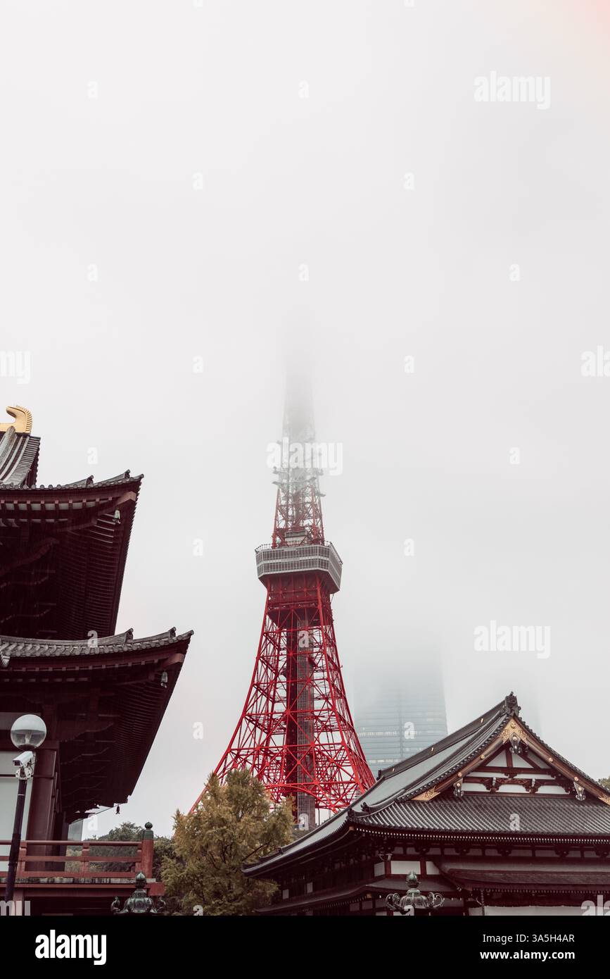 Zojo-ji temple with its dark wooden roof contrasts with Tokyo Tower disappearing into thick fog ...
